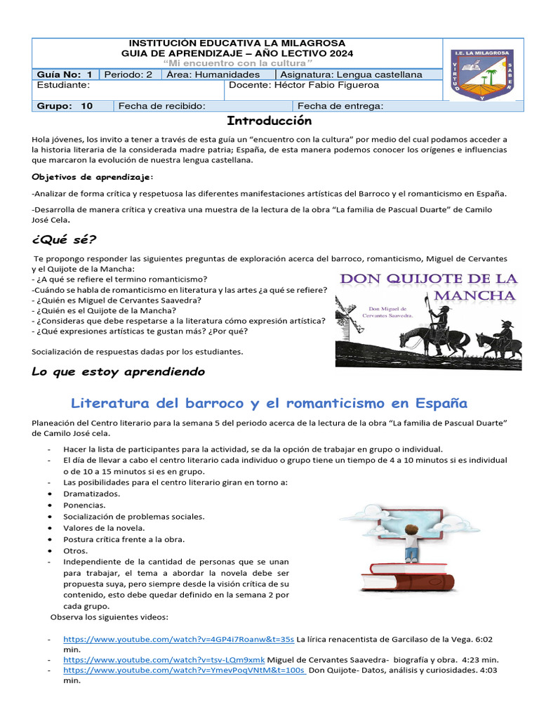 Guía 10° LC 2P 1 | PDF | Don Quijote | Miguel De Cervantes