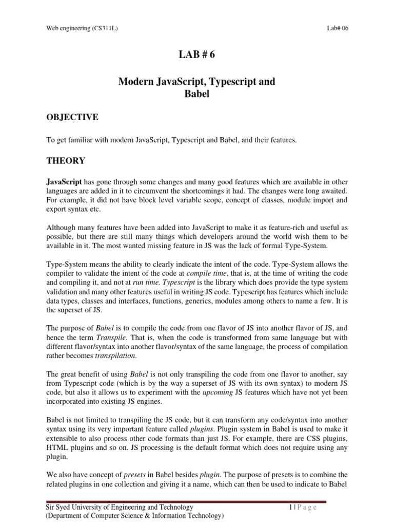 Lab 6 Modern Javascript Typescript And Babel Pdf Java Script