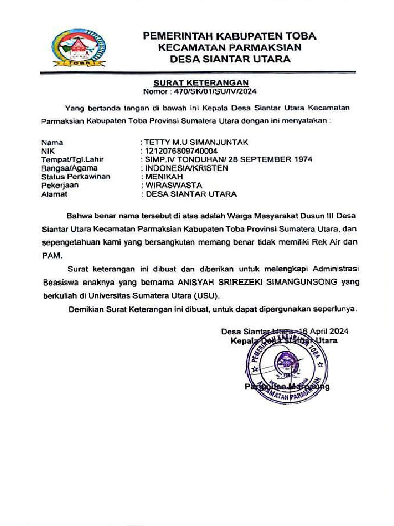 Surat Keterangan Tanpa Tagihan PAM | PDF
