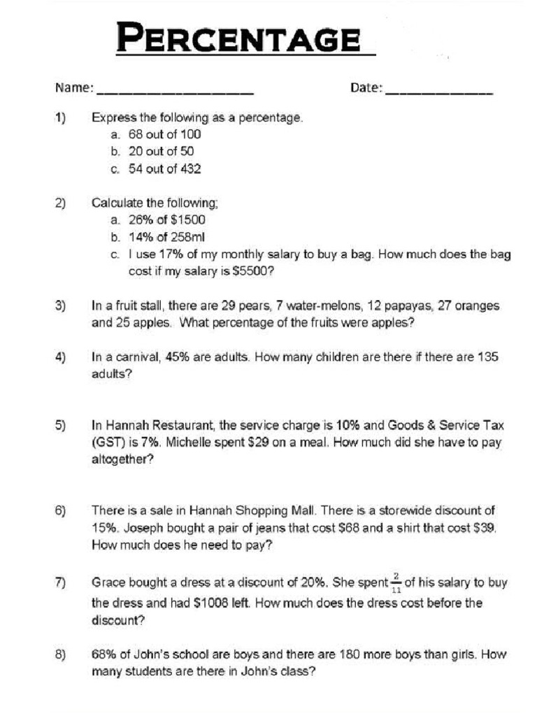 Percentage Practice Worksheet | PDF