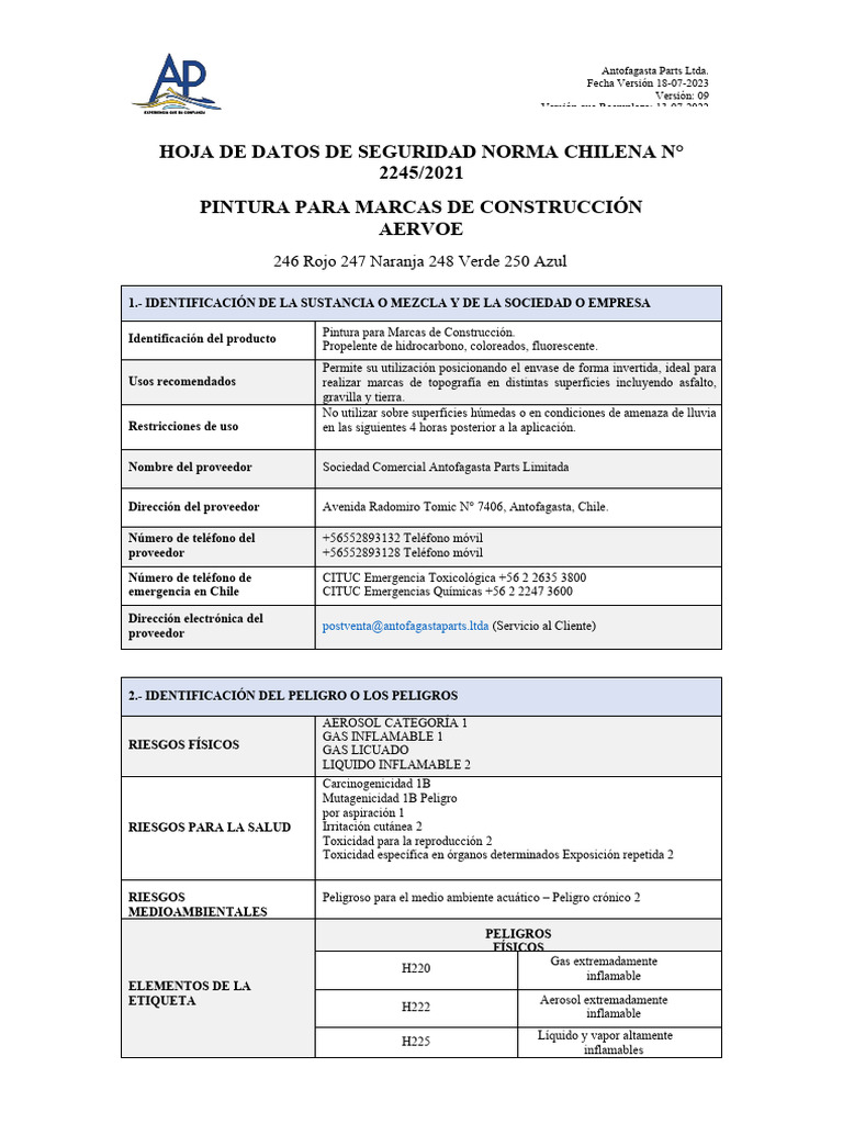Hoja de Seguridad Pintura AERVOE 246-250 | PDF | Agua | Combustión