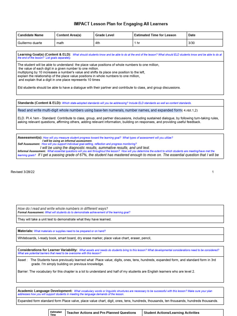 Place Value Copy of IMPACT Lesson Plan Template For TPA - No TCSJ ...