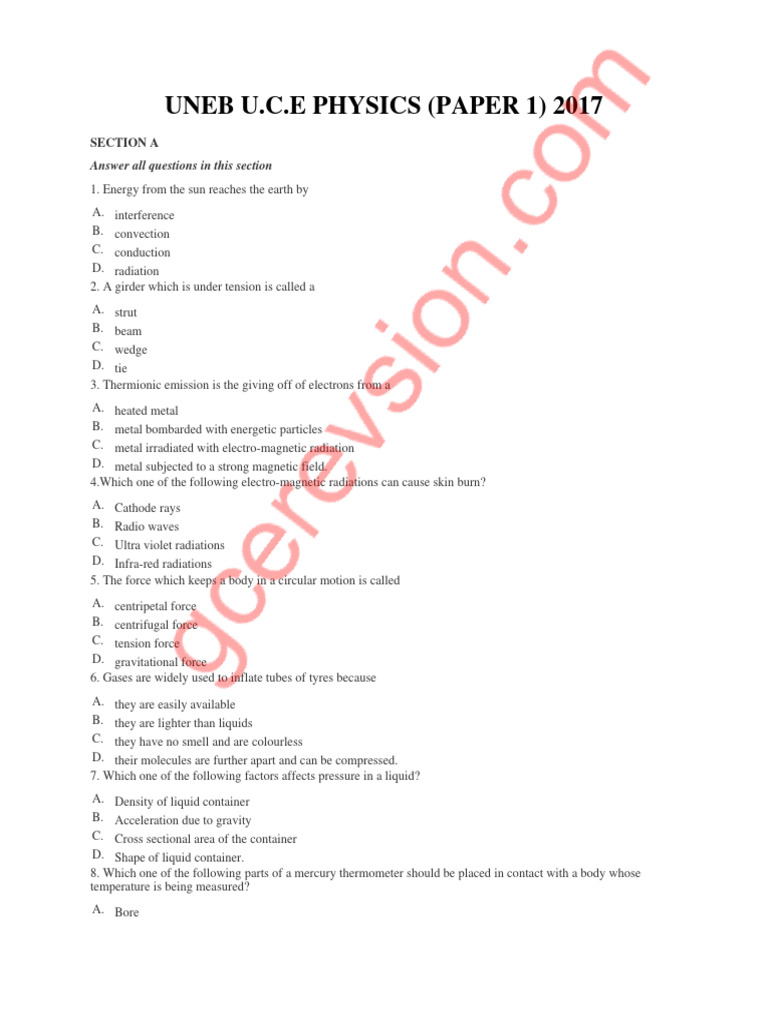 Uneb U.C.E Physics Paper 1 201 | PDF | Waves | Force