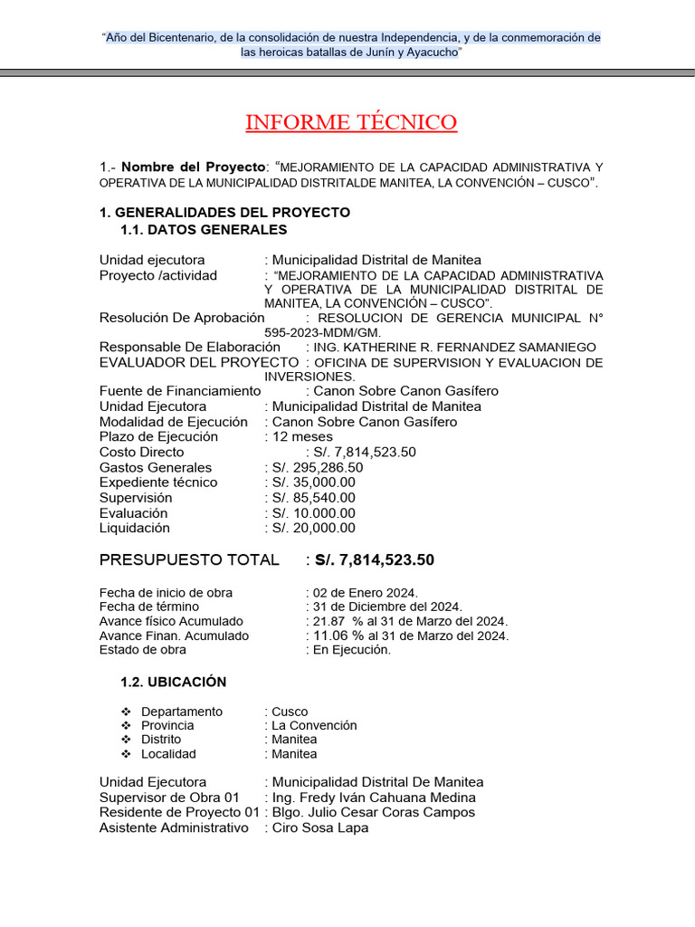 Informe Tecnico Del Adicional de Obra Supervisor | PDF | Presupuesto | Planificación