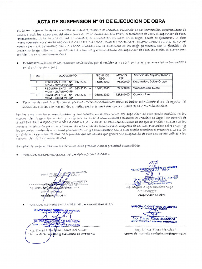 05 - Acta de Suspension N°01 de Ejecucion de Obra | PDF