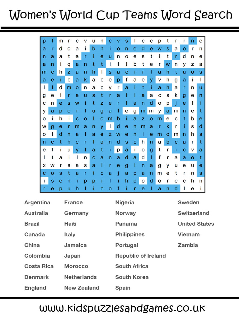 Womens World Cup Teams 2023 Word Search Solution | PDF