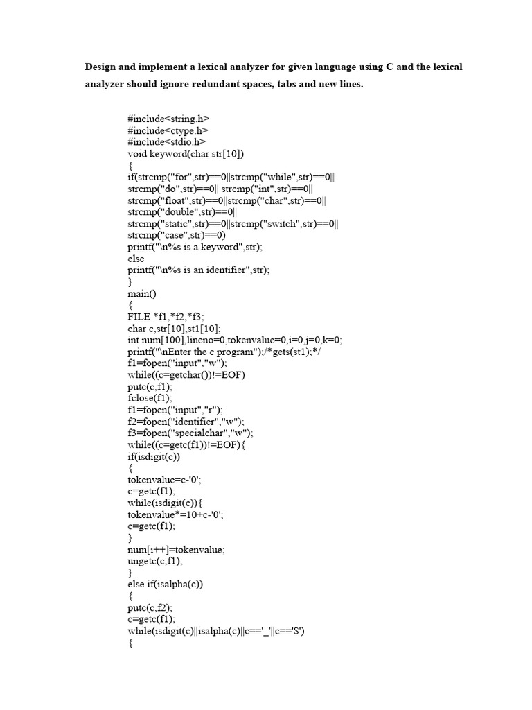Design and Implement A Lexical Analyzer For Given Language Using C and The Lexical | PDF ...
