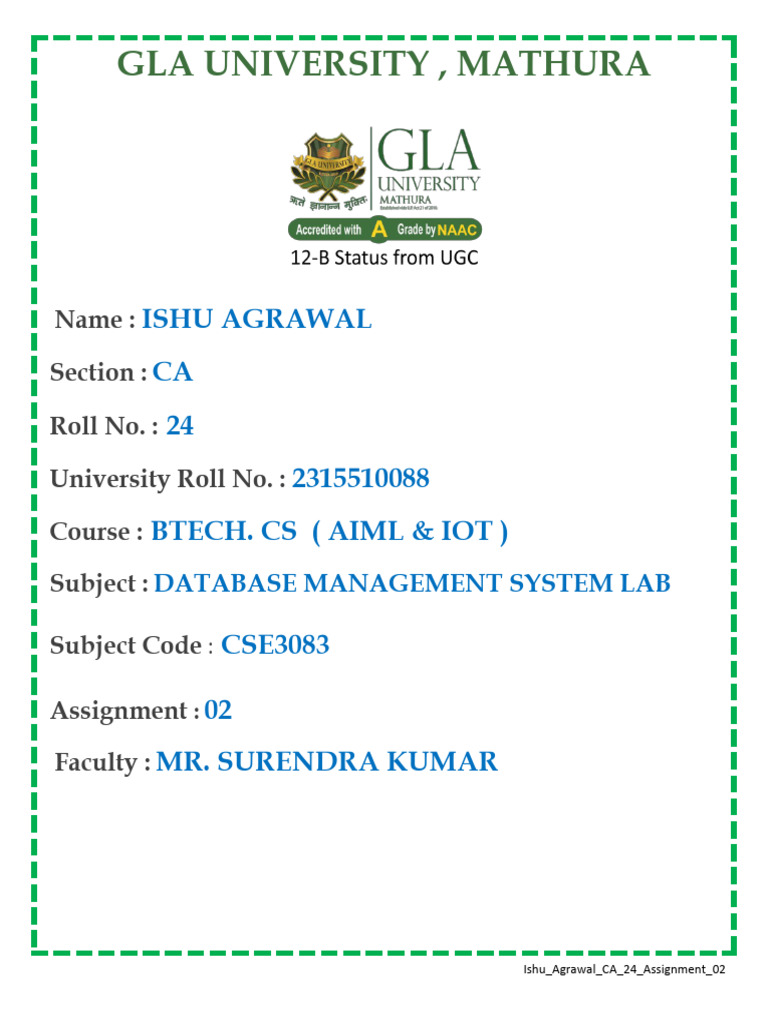 Ishu Agrawal CA 24 Assignment 02 | PDF | Sql | Computer Data
