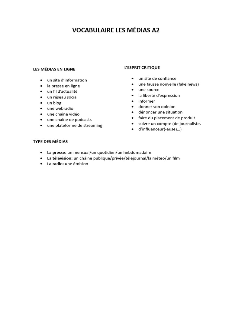 Vocabulaire Les Médias A2 | PDF