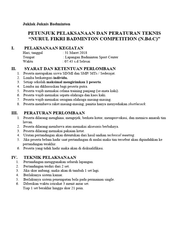 Juklak Juknis Badminton | PDF