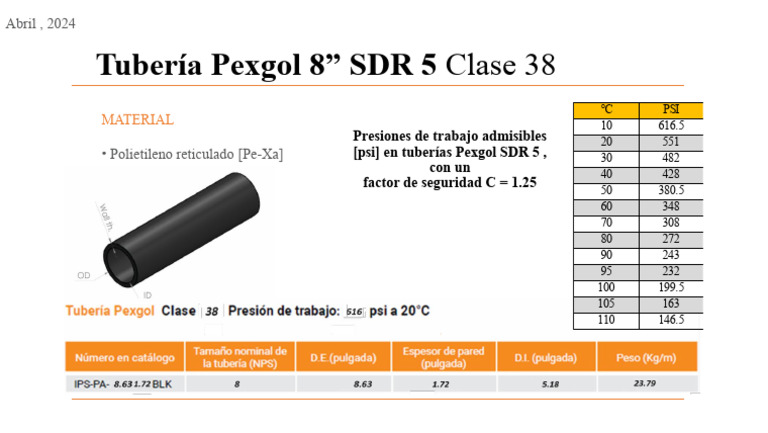 Presiones Tubería Pexgol 8" SDR 5 | PDF