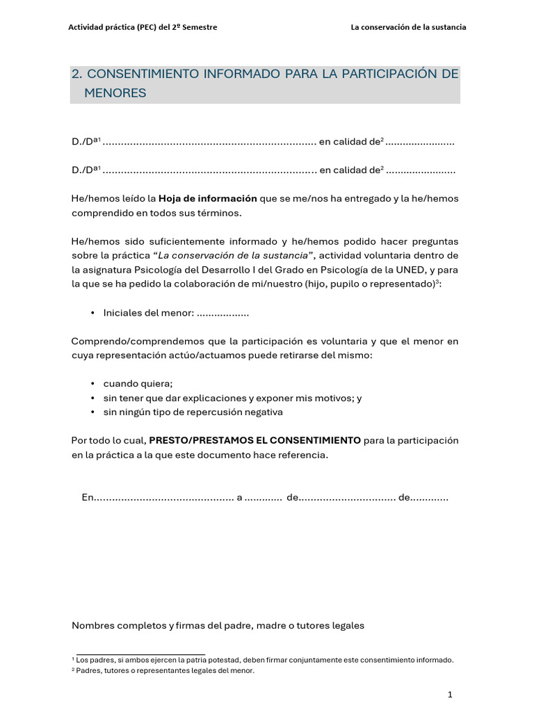 PEC Consentimiento Informado Sobre La Práctica de Psicología Del Desarrollo I | PDF | Salud y ...