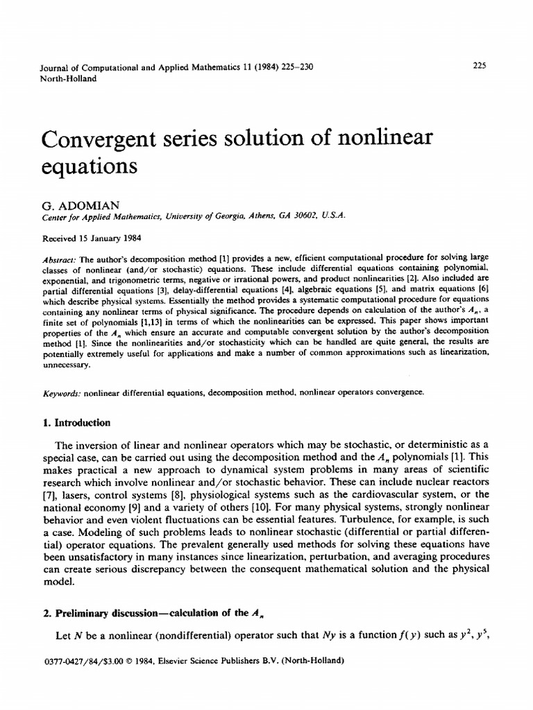 Adomian Convergent Series Solution of Nonlinear Equation | PDF | Nonlinear System | Equations