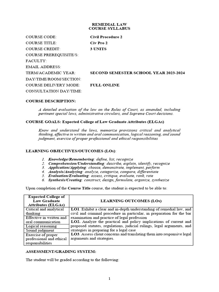 Civ Pro 2 Syllabus Second Semester 2023-2024 | PDF | Appeal | Judgment (Law)