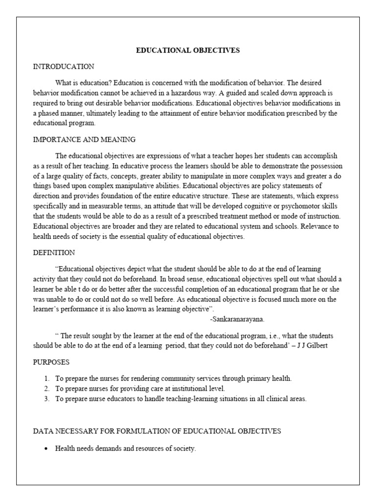 Educational Objectives | PDF | Learning | Knowledge