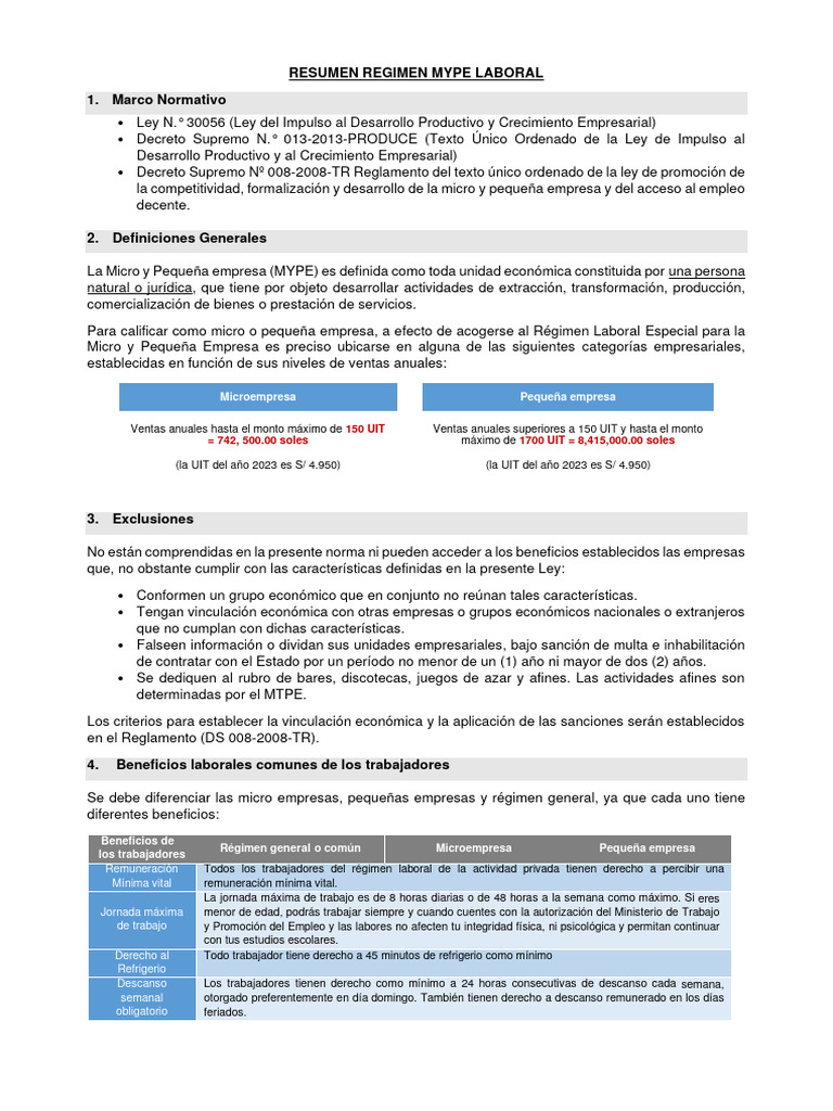 Resumen Regimen Mype Laboral | PDF | Pequeñas y medianas empresas | Salario