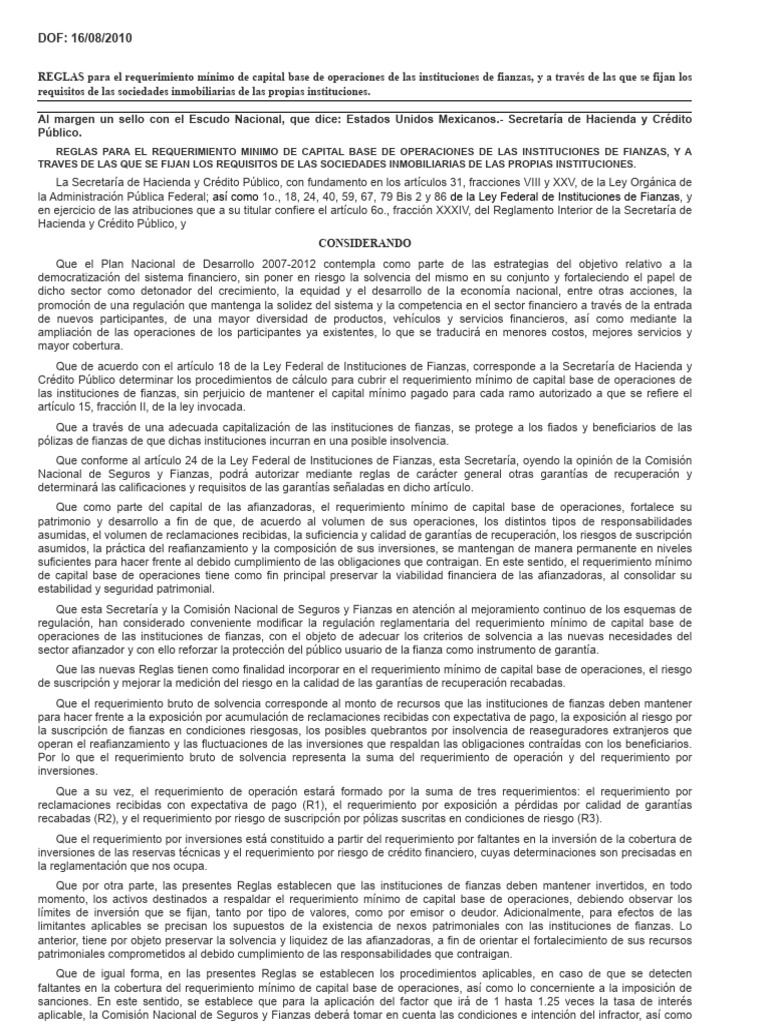 Reglas de Capital Mínimo en Fianzas | PDF | Bancos | Seguro