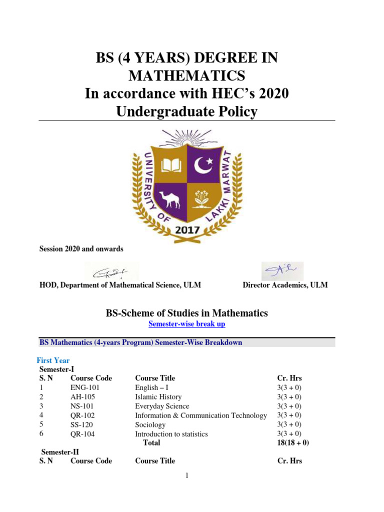 Bs (4 Years) Degree in Mathematics in Accordance With HEC's 2020 ...