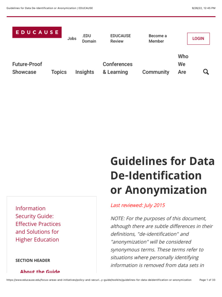 Guidelines For Data De-Identification or Anonymization - EDUCAUSE | Download Free PDF | Privacy ...