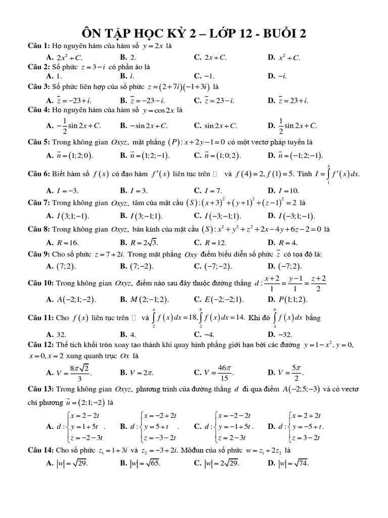 Ôn tập HKII Lớp 12 Buổi 2 | PDF