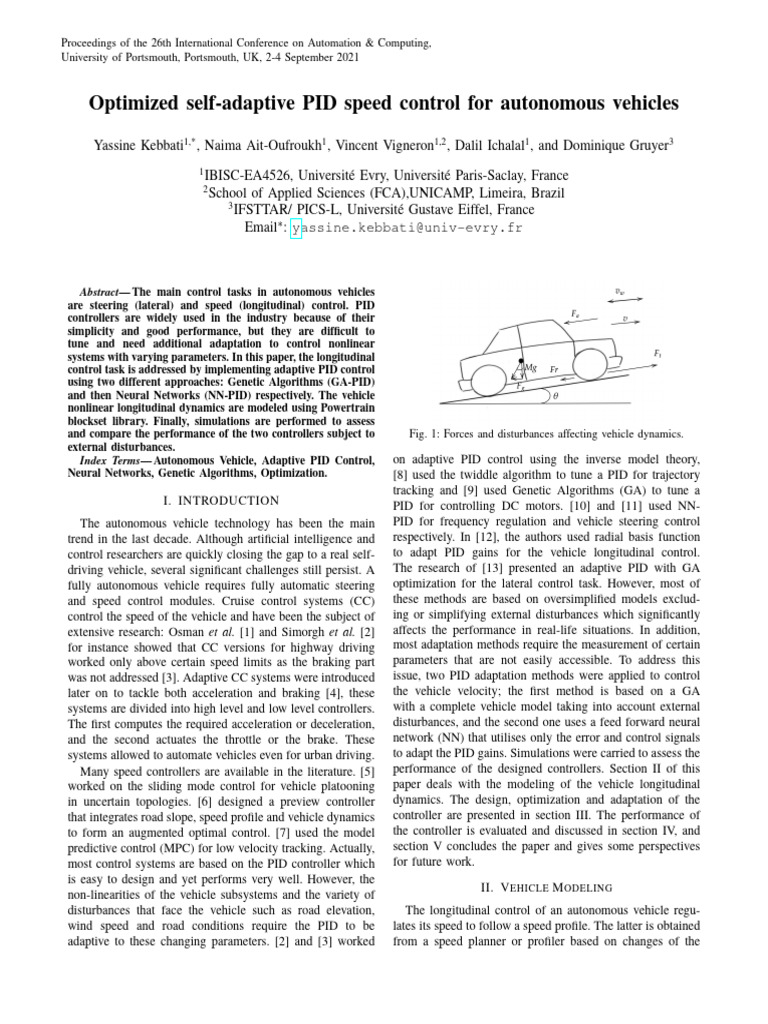 Adaptive PID Control for Autonomous Vehicles | PDF | Control Theory | Force