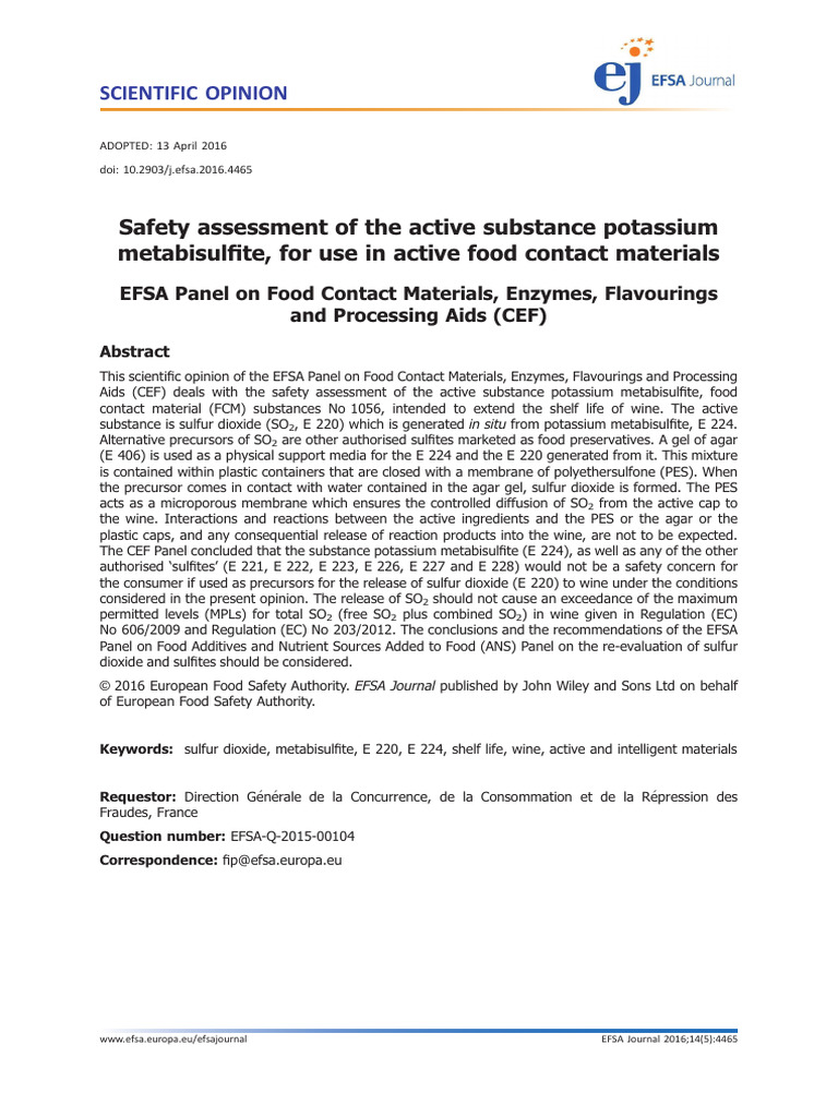 EFSA Journal - Safety Assessment of The Active Substance Potassium Metabisulfite For Use in ...