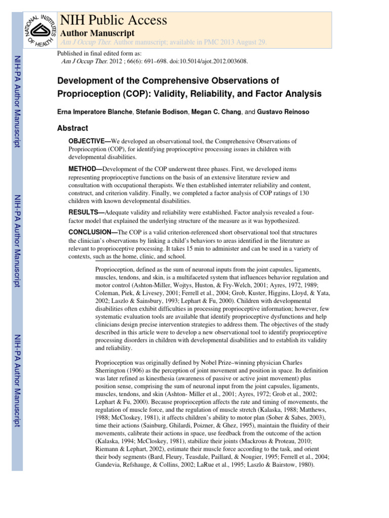 Development of The Comprehensive Observations of Propioception (COP ...