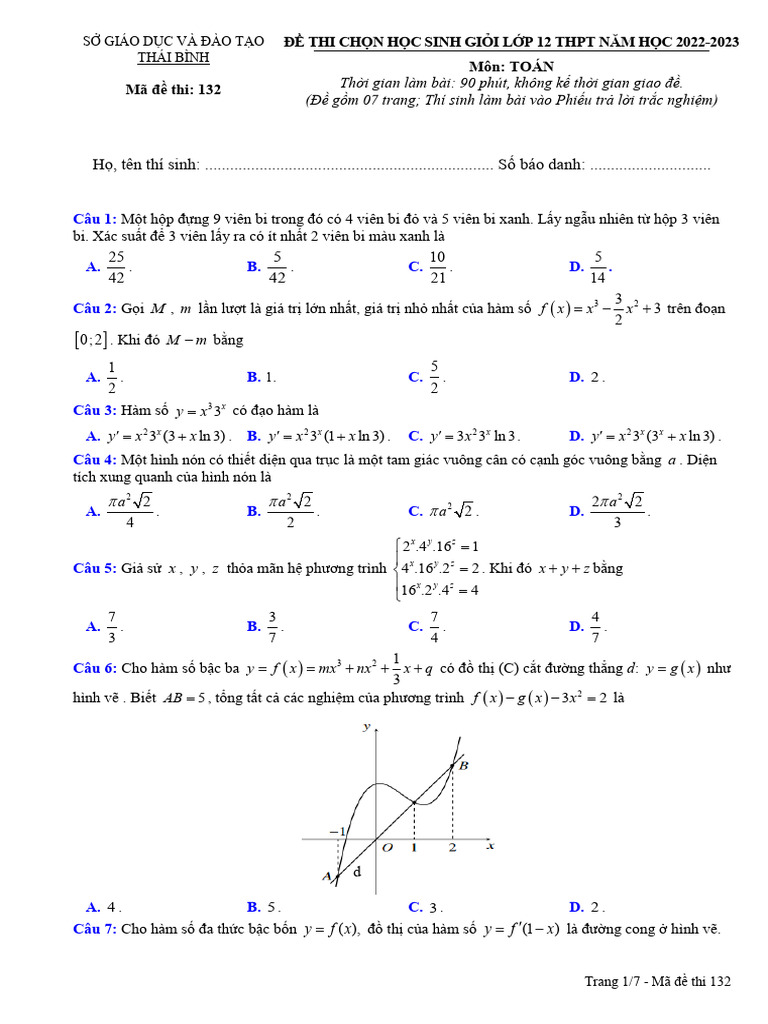 De Hoc Sinh Gioi Toan 12 Cap Tinh Nam 2022 2023 So GDDT Thai Binh | PDF