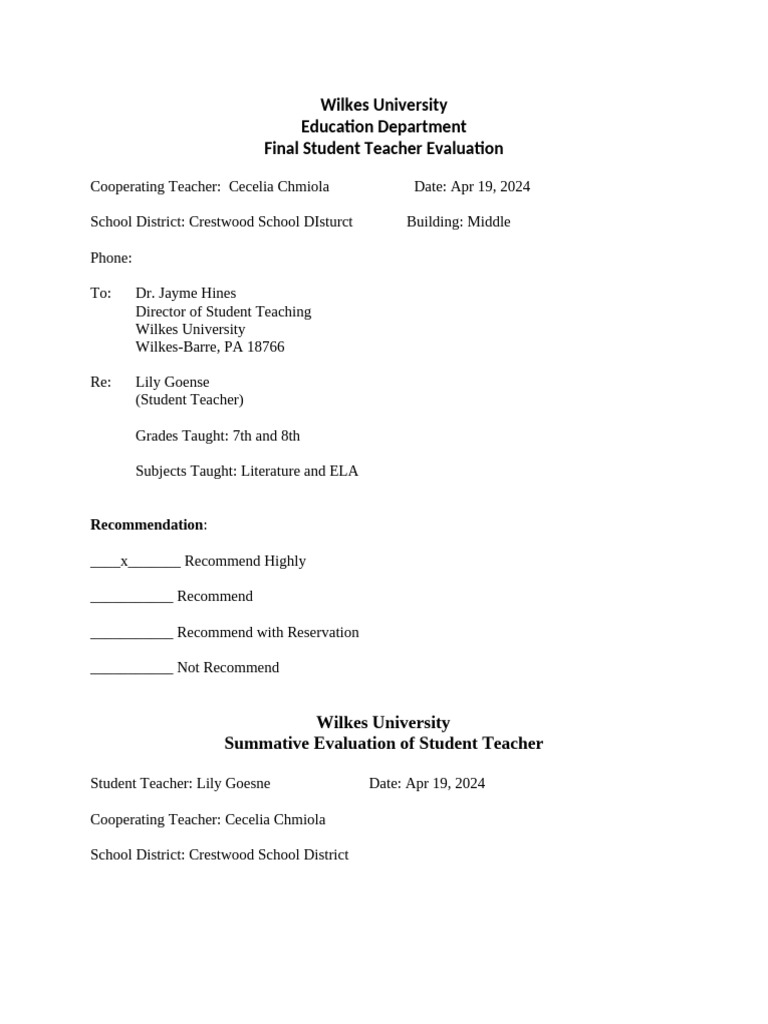 Final Evaluation of Student Teacher Lily Goense | PDF | Learning ...