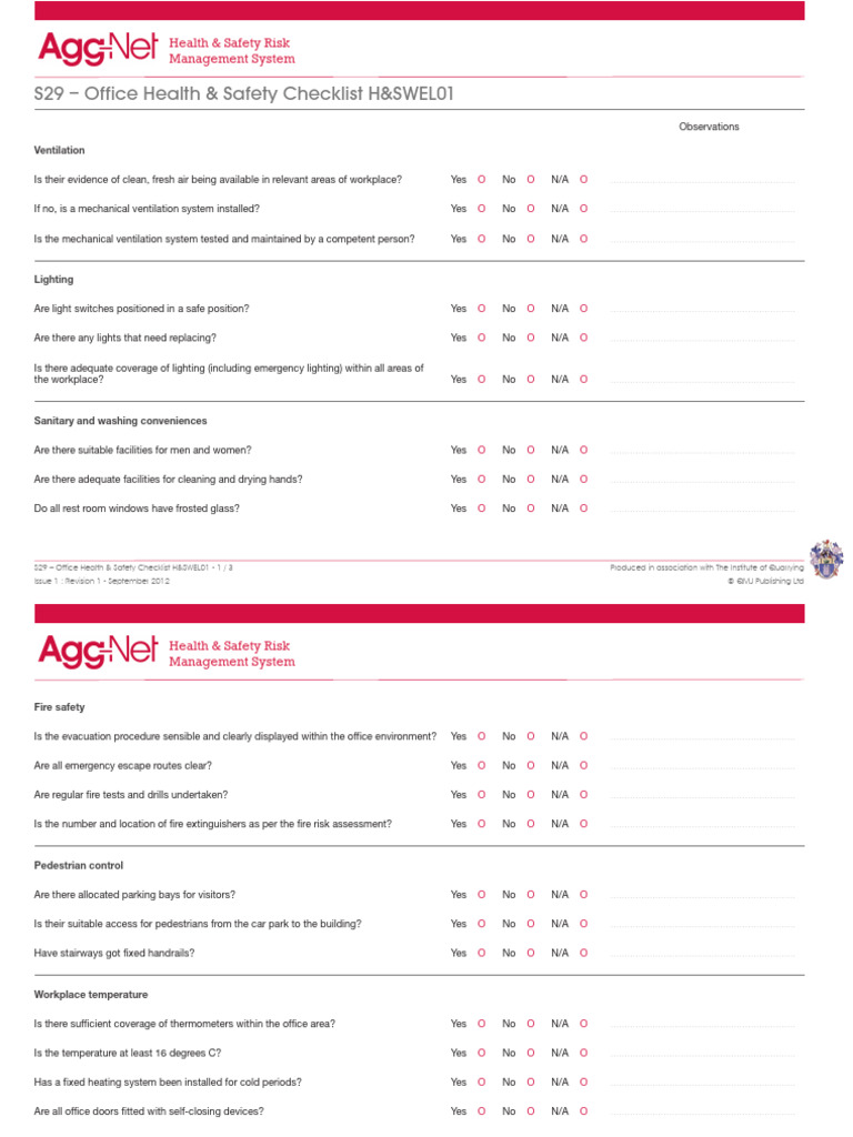 Office Health Safety Checklist Hswel01 | PDF | Occupational Safety And Health | Ventilation ...