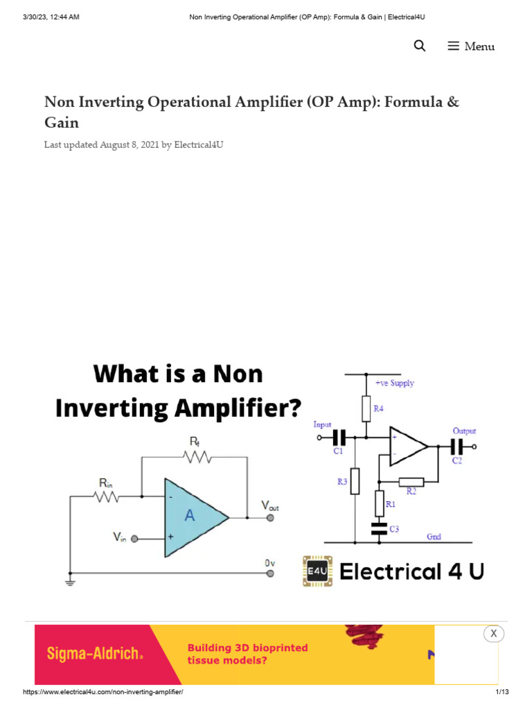 Non Inverting Operational Amplifier (OP Amp) - Formula & Gain - Electrical4U | PDF | Operational ...