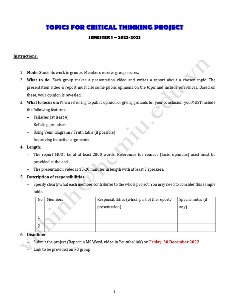 Critical Thinking Project Topics 2223S1 | PDF | Argument | Artificial ...