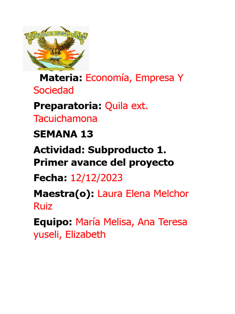Subproducto1-Primer Avance Del Proyecto - Economia - ATMR | PDF ...