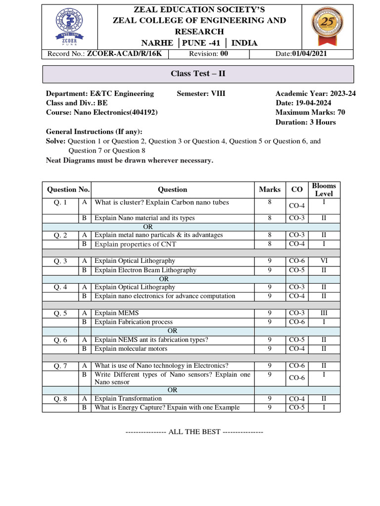 Class test -2 NE | PDF | Nanotechnology | Carbon Nanotube