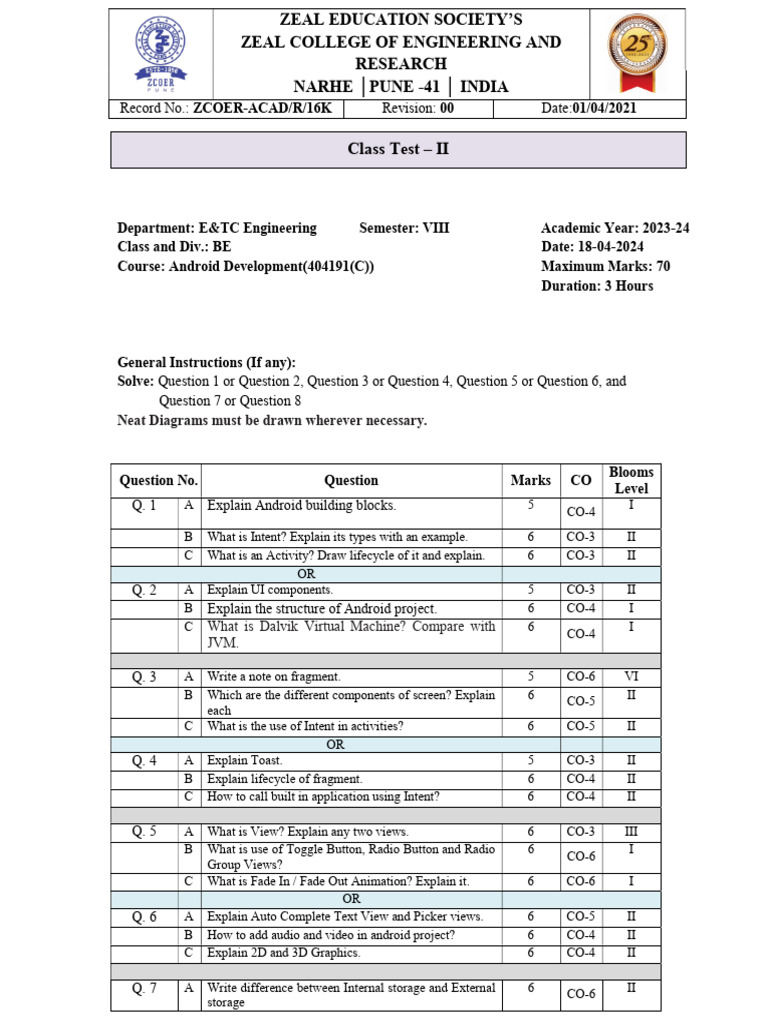 Android Class Test 2 Pdf Android Operating System Mobile Computers