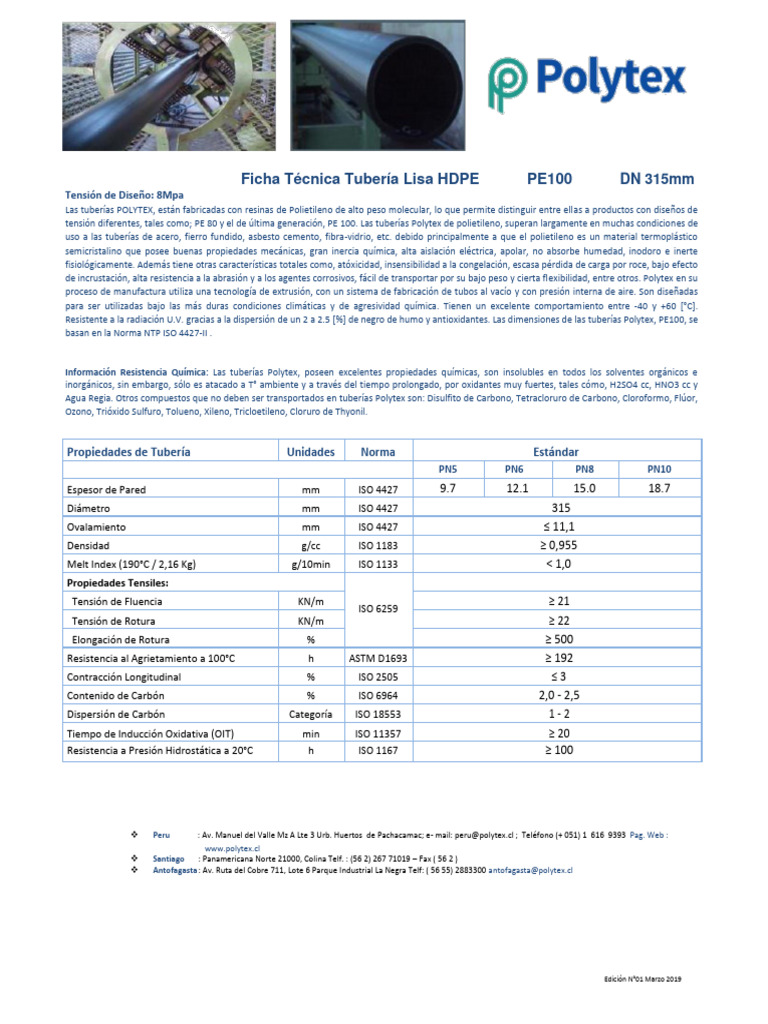 Ficha Técnica Tubería DN 315mm PE100 | PDF | Polietileno | Tubería ...