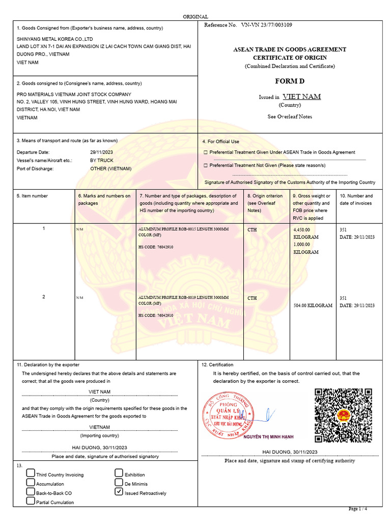Vietnam Form D Certificate of Origin | PDF | Vietnam