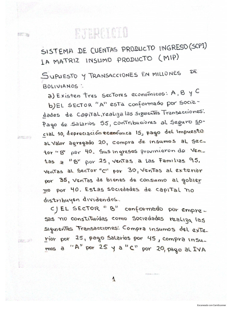 Ejercicio. Sistema de Cuentas Producto Ingreso (SCPI) La Matriz Insumo Producto (MIP) | PDF