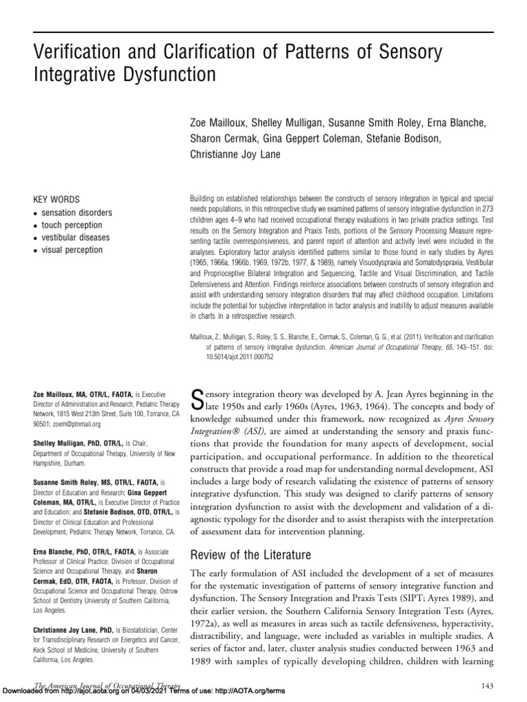 Verification and Clarification of Patterns of Sensory Integrative Dysfunction | PDF | Sensory ...