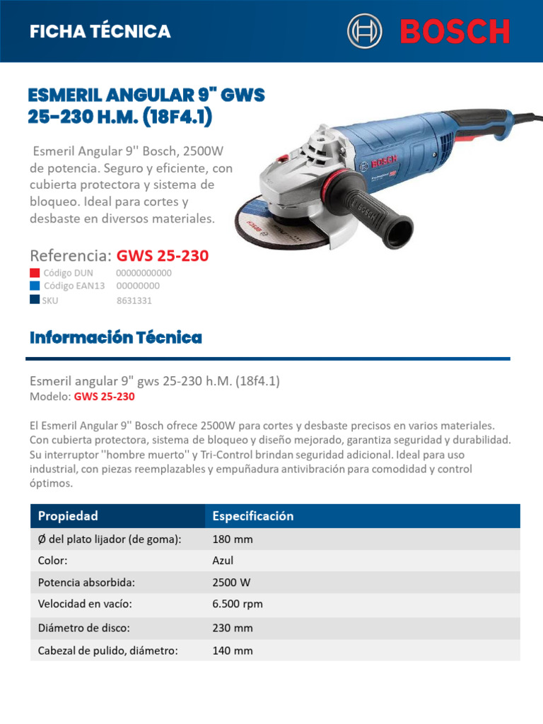 Esmeril Angular 9" Gws 25-230 H.M. (18F4.1) : Ficha Técnica | PDF