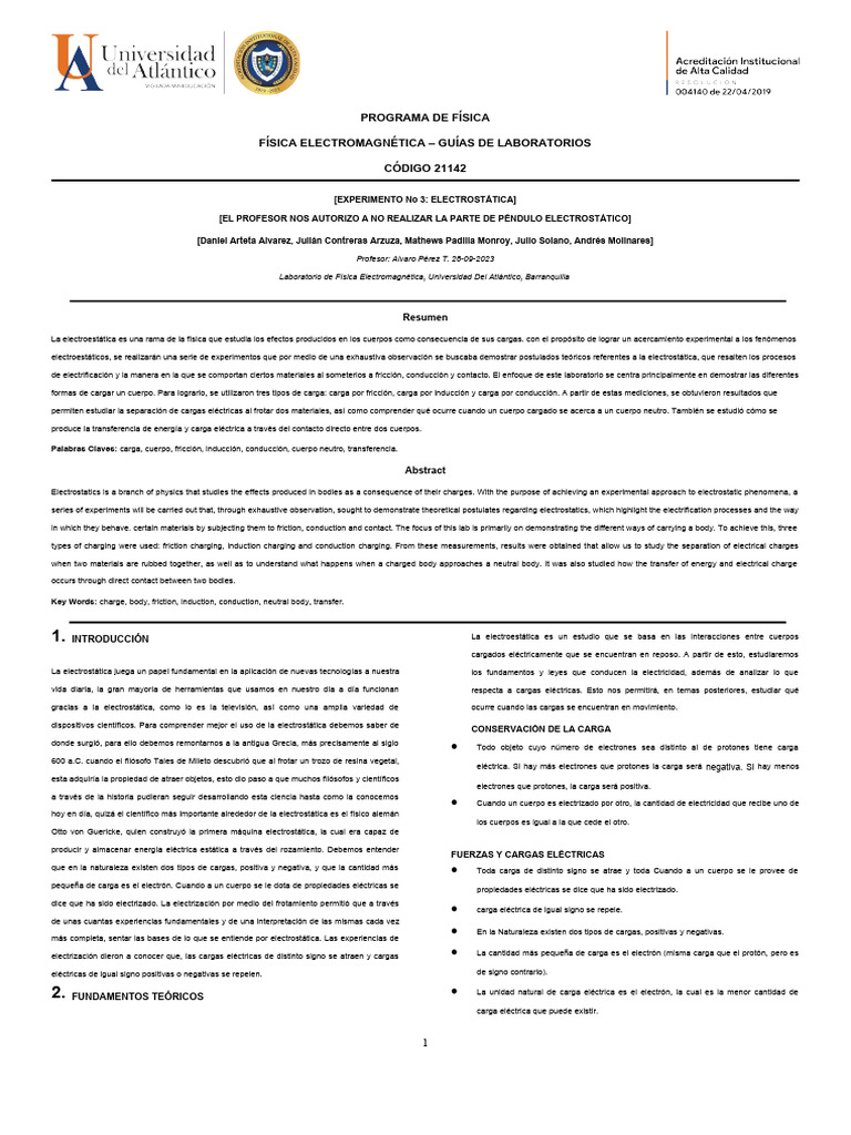 Informe #3. Electrostática.M2B | PDF | Electrostática | Electrón
