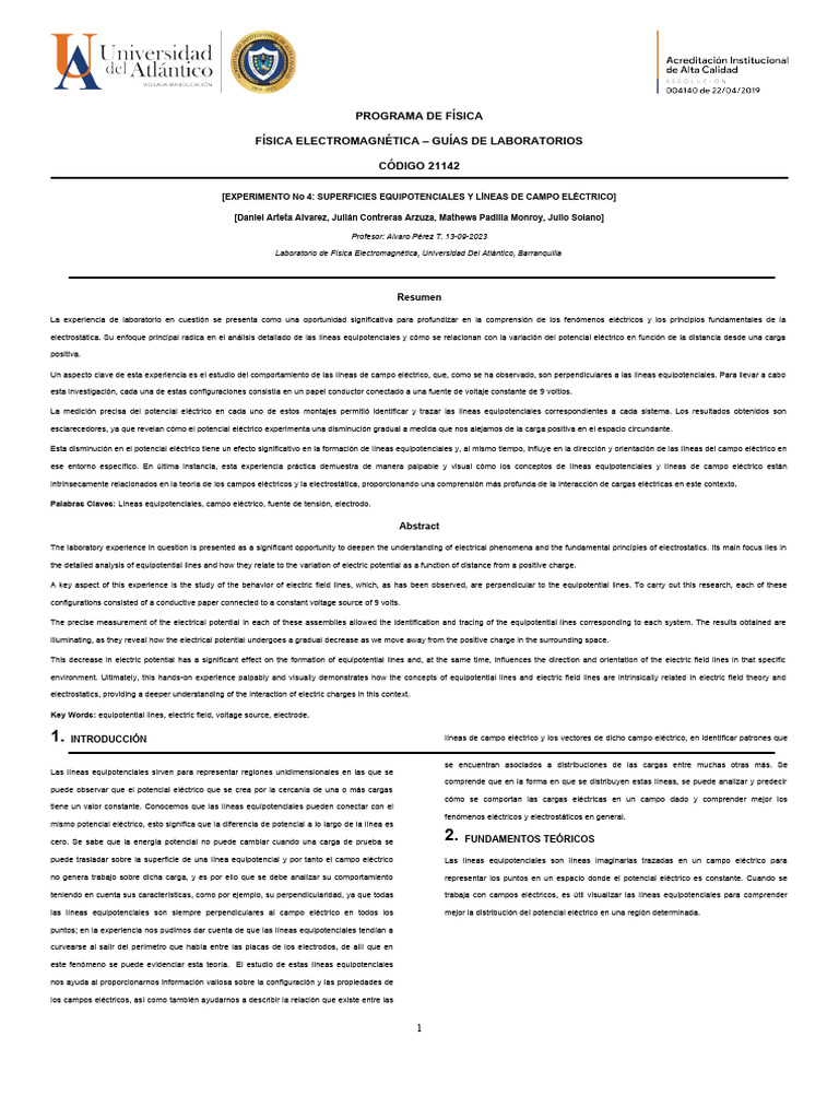Informe #4. Superficies Equipotenciales y Líneas de Campo eléctrico.M2B | Descargar gratis PDF ...