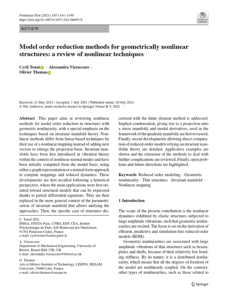 Model Order Reduction Methods For Geometrically Nonlinear Structures: A Review of Nonlinear ...