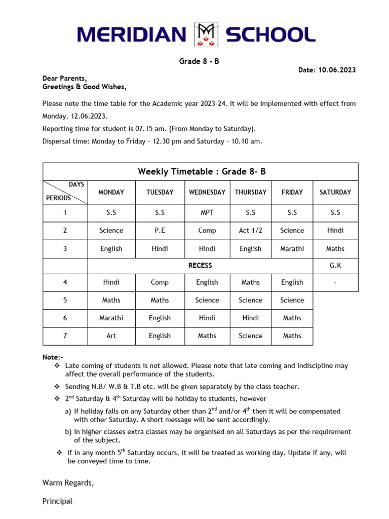 Grade 8 B - Time Table 23-24 | PDF