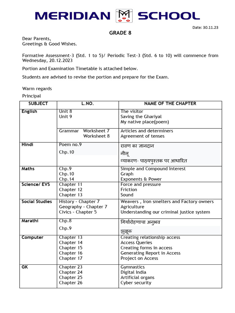 Grade 8 Exam Timetable & Portions | PDF