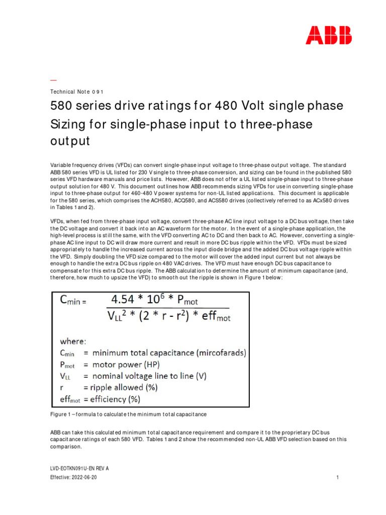 Technical Note 091 580 Series Drive Ratings For 480 Volt Single Phase | Download Free PDF ...