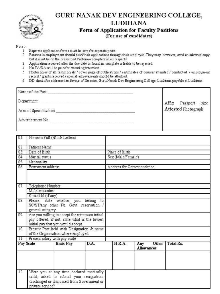 Guru Nanak Dev Engineering College, Ludhiana: Form of Application For ...