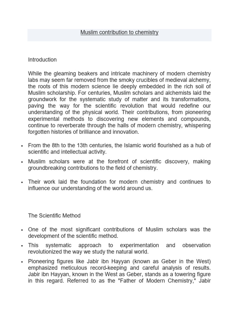 Muslim Contribution To Chemistry | PDF | Alchemy | Chemical Substances