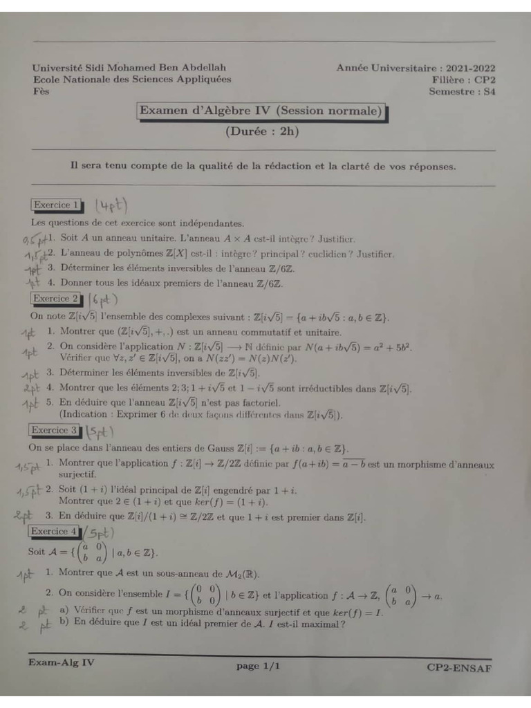 Exam+Corr 2021-2022 Algèbre IV | PDF