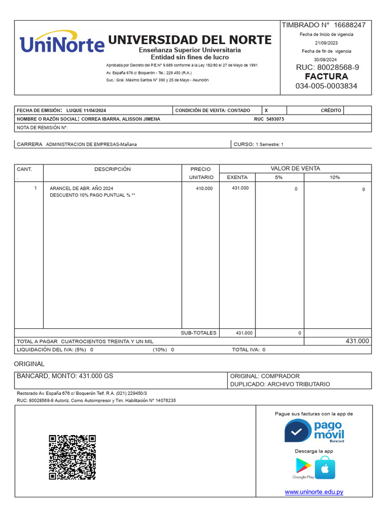 Universidad Del Norte: Factura | PDF